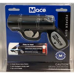 Mace Brand Pepper Spray Gun with Strobe LED (Matte Black) — 20’ Powerful Pepper Spray, Leaves UV Dye on Skin, Integrated LED Light Enhances Aim — Mace Self Defense Spray for Women/Men, Made in the USA