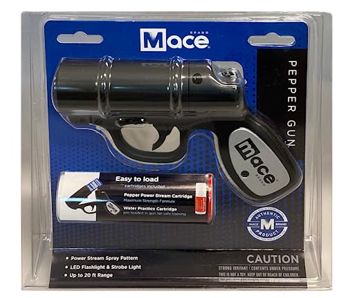 Mace Brand Pepper Spray Gun with Strobe LED (Matte Black) — 20’ Powerful Pepper Spray, Leaves UV Dye on Skin, Integrated LED Light Enhances Aim — Mace Self Defense Spray for Women/Men, Made in the USA