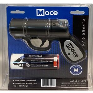 Mace Brand Pepper Spray Gun with Strobe LED (Matte Black) — 20’ Powerful Pepper Spray, Leaves UV Dye on Skin, Integrated LED Light Enhances Aim — Mace Self Defense Spray for Women/Men, Made in the USA