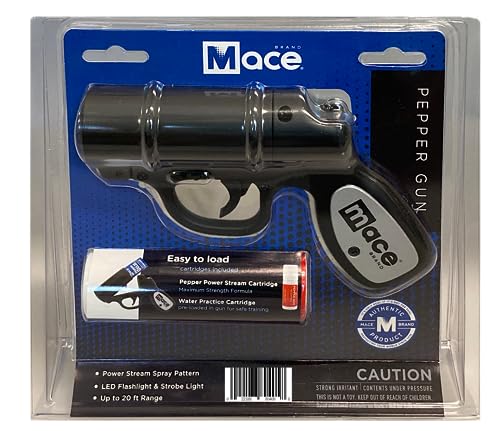 Mace Brand Pepper Spray Gun with Strobe LED (Matte Black) — 20’ Powerful Pepper Spray, Leaves UV Dye on Skin, Integrated LED Light Enhances Aim — Mace Self Defense Spray for Women/Men, Made in the USA