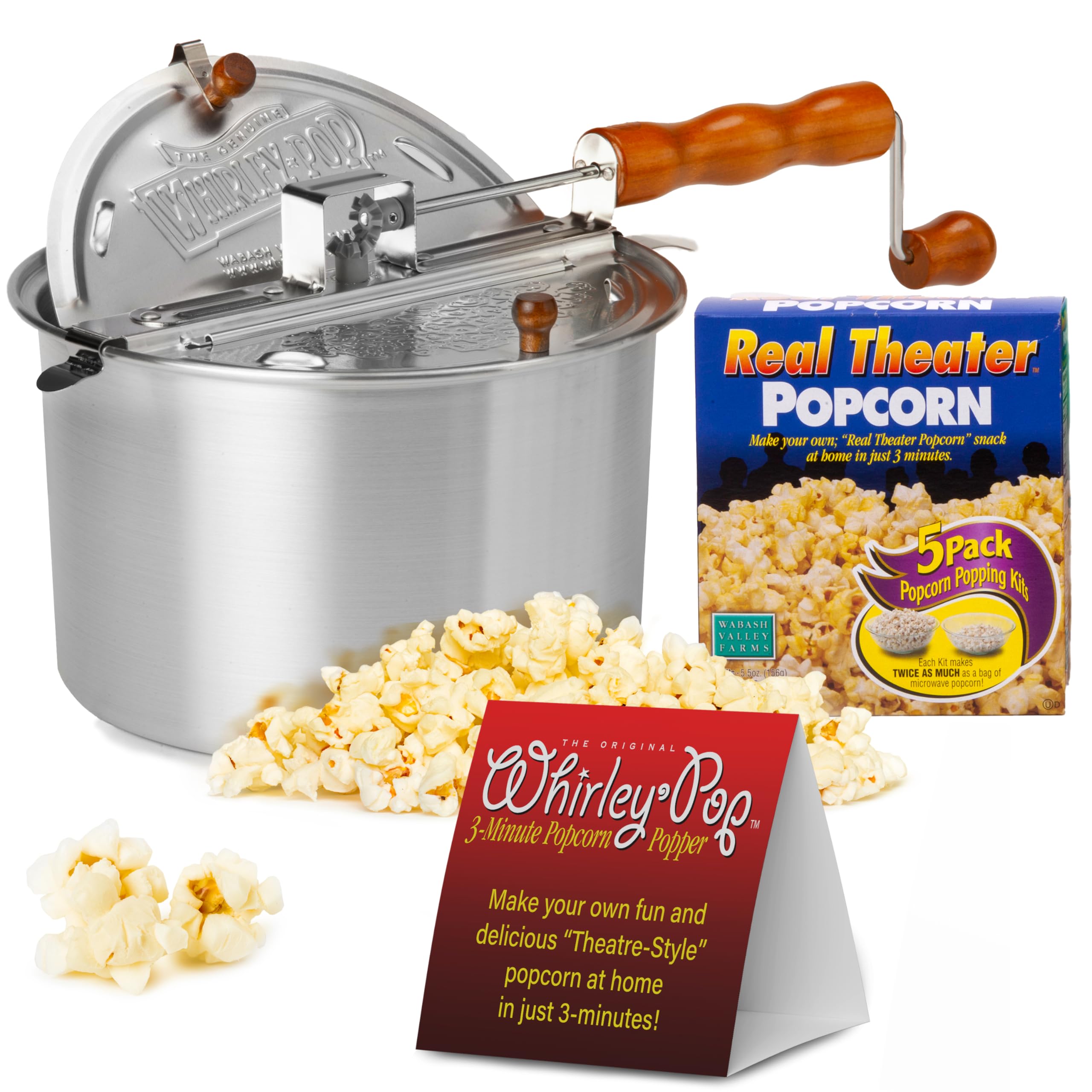 Original Whirley Pop Popcorn Maker - 6 Quart Stovetop Popcorn Popper With Five Popping Kits, Aluminum Popcorn Pot With Metal Gears, Wabash Valley Farms Stove Top Popcorn Maker, Popcorn Pan (Silver)