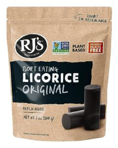 rj's soft eating australian licorice, original black flavor, 7.05oz (pack of 1) - non-gmo, no hfcs, vegan friendly & kosher - batch made in australia