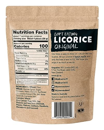 RJ's Soft Eating Australian Licorice, Original Black Flavor, 7.05oz (Pack of 1) - NON-GMO, NO HFCS, Vegan Friendly & Kosher - Batch Made in Australia