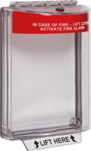 safety technology international, inc. sti-13010fr universal stopper®, flush mount and fire label, indoor/outdoor protective polycarbonate cover for pull stations or call points, red