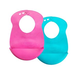 tommee tippee easi-roll baby bib, crumb & drip catcher, pink & teal - 7+ months, 2 count