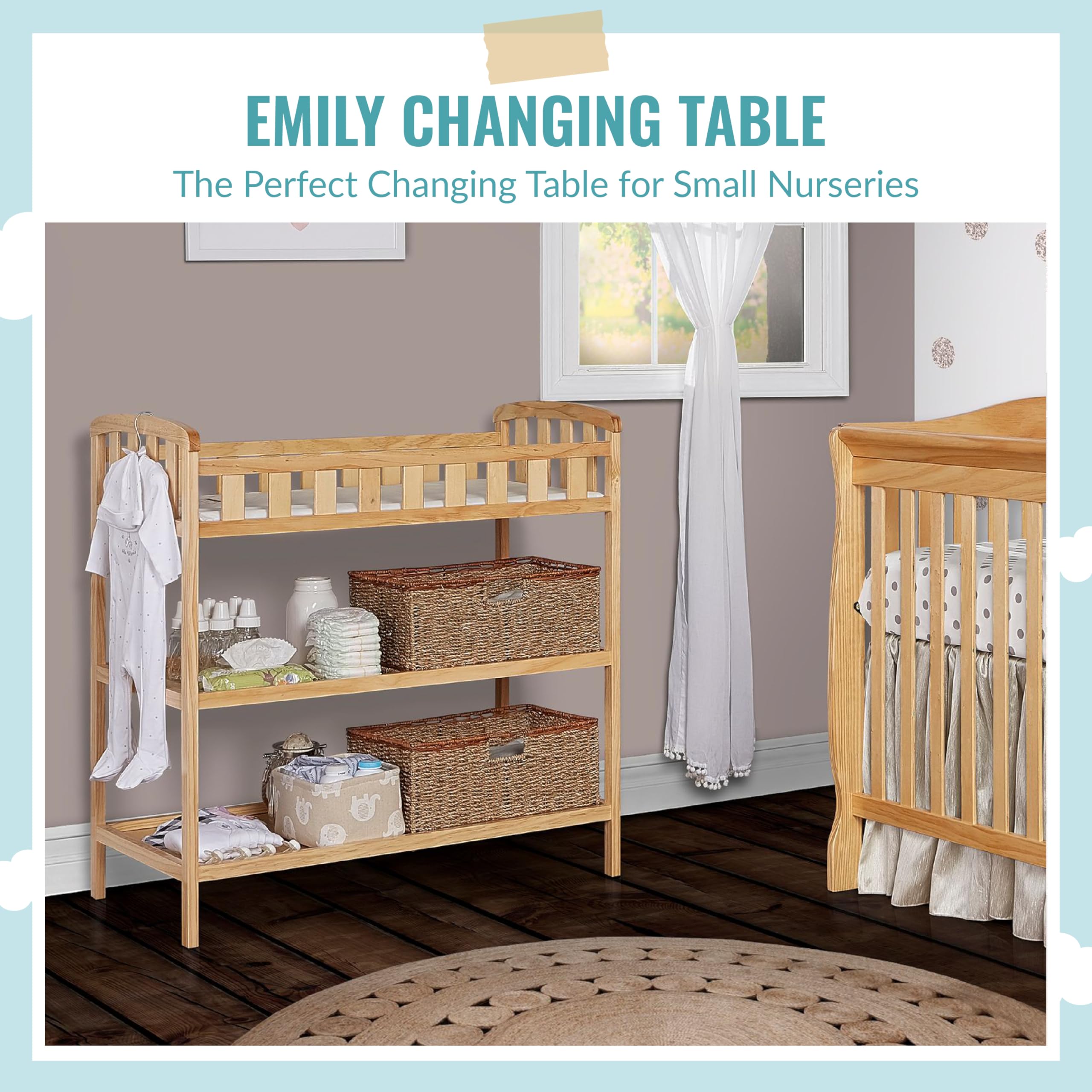 Dream On Me Emily Changing Table In Natural, Comes With 1" Changing Pad, Features Two Shelves, Portable Changing Station, Made Of Sustainable New Zealand Pinewood