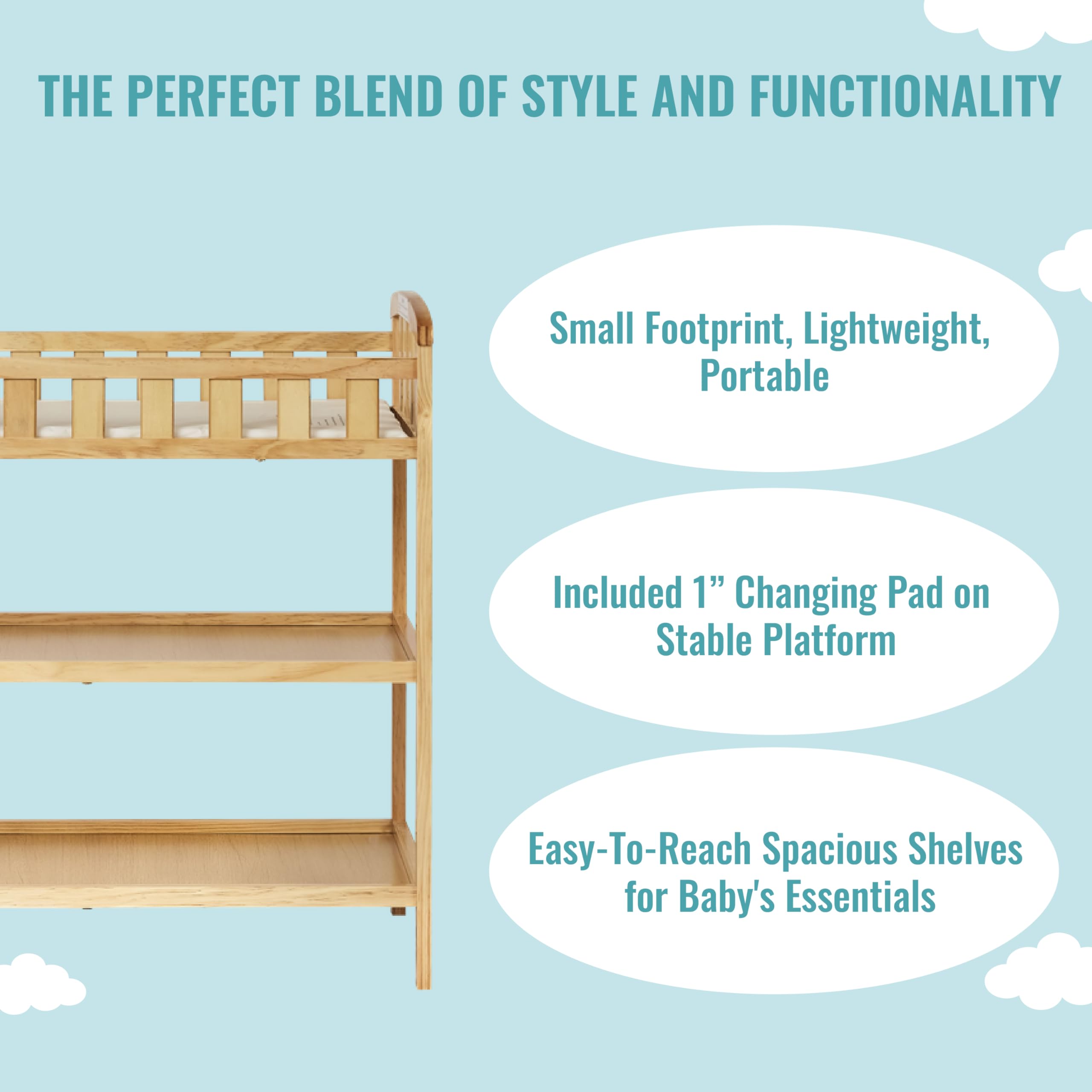 Dream On Me Emily Changing Table In Natural, Comes With 1" Changing Pad, Features Two Shelves, Portable Changing Station, Made Of Sustainable New Zealand Pinewood