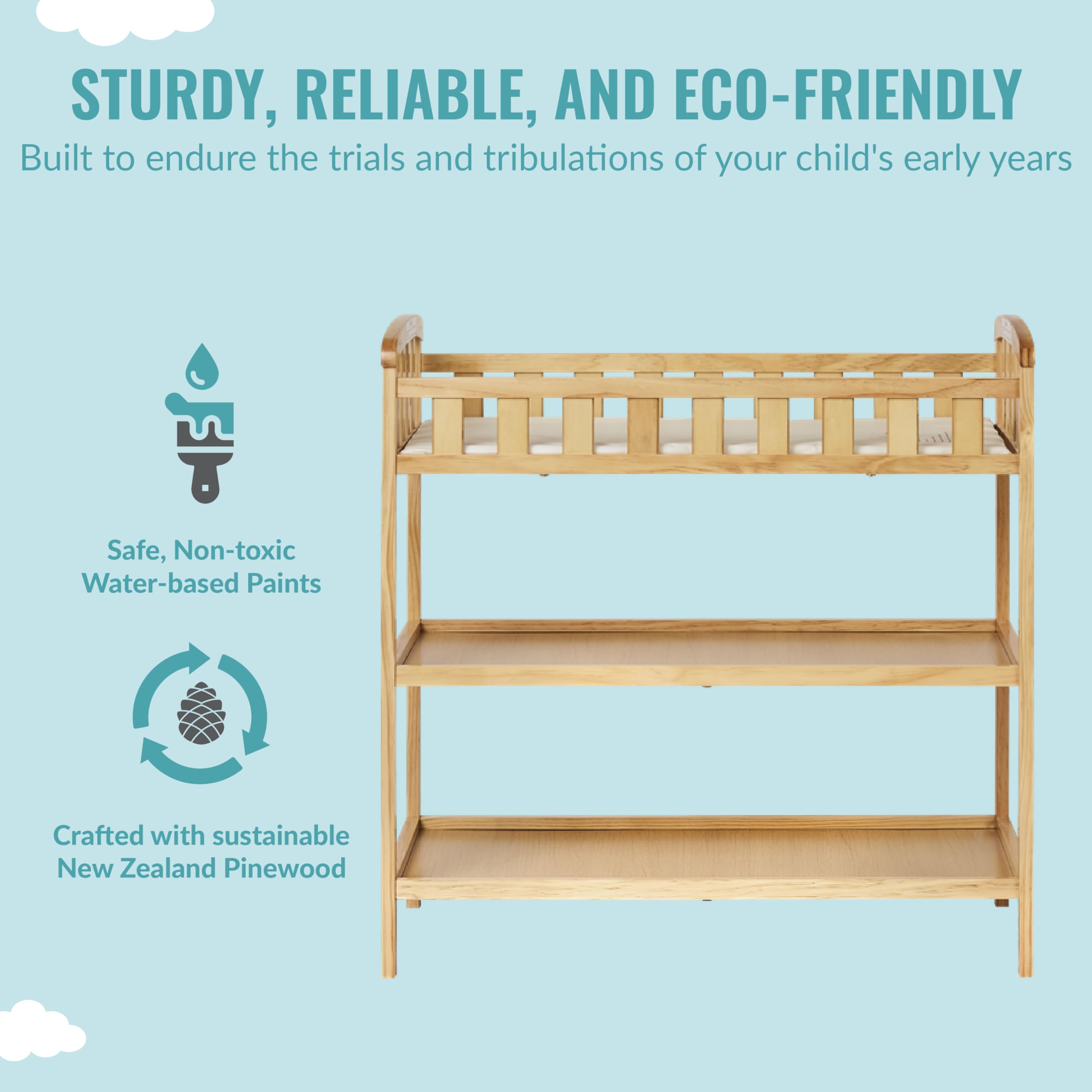 Dream On Me Emily Changing Table In Natural, Comes With 1" Changing Pad, Features Two Shelves, Portable Changing Station, Made Of Sustainable New Zealand Pinewood