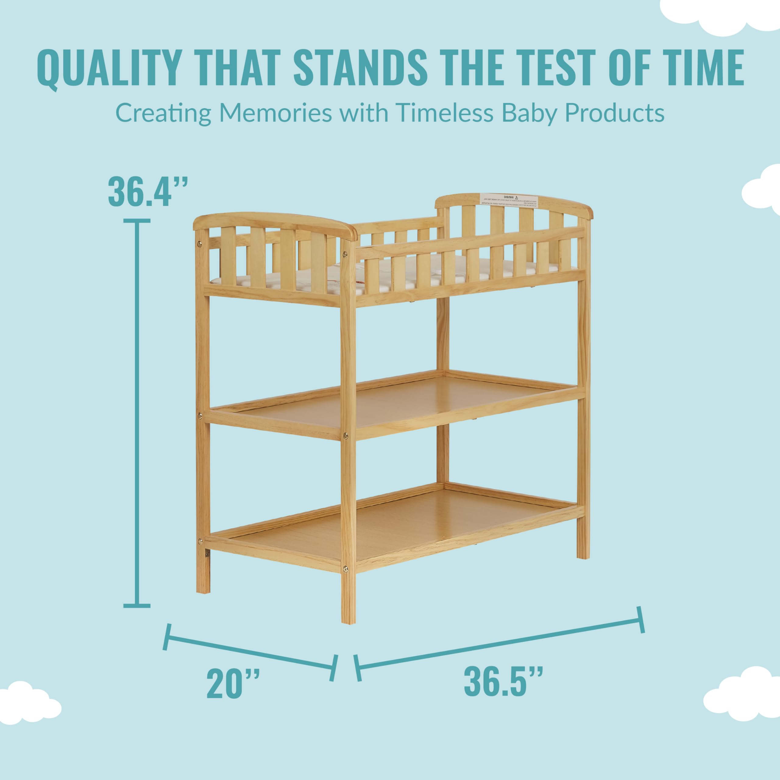 Dream On Me Emily Changing Table In Natural, Comes With 1" Changing Pad, Features Two Shelves, Portable Changing Station, Made Of Sustainable New Zealand Pinewood