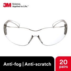 3M Safety Glasses, Virtua, 20 Pair, ANSI Z87, Anti-Fog Scratch Resistant Clear Lens, Clear Frame, Wraparound Coverage