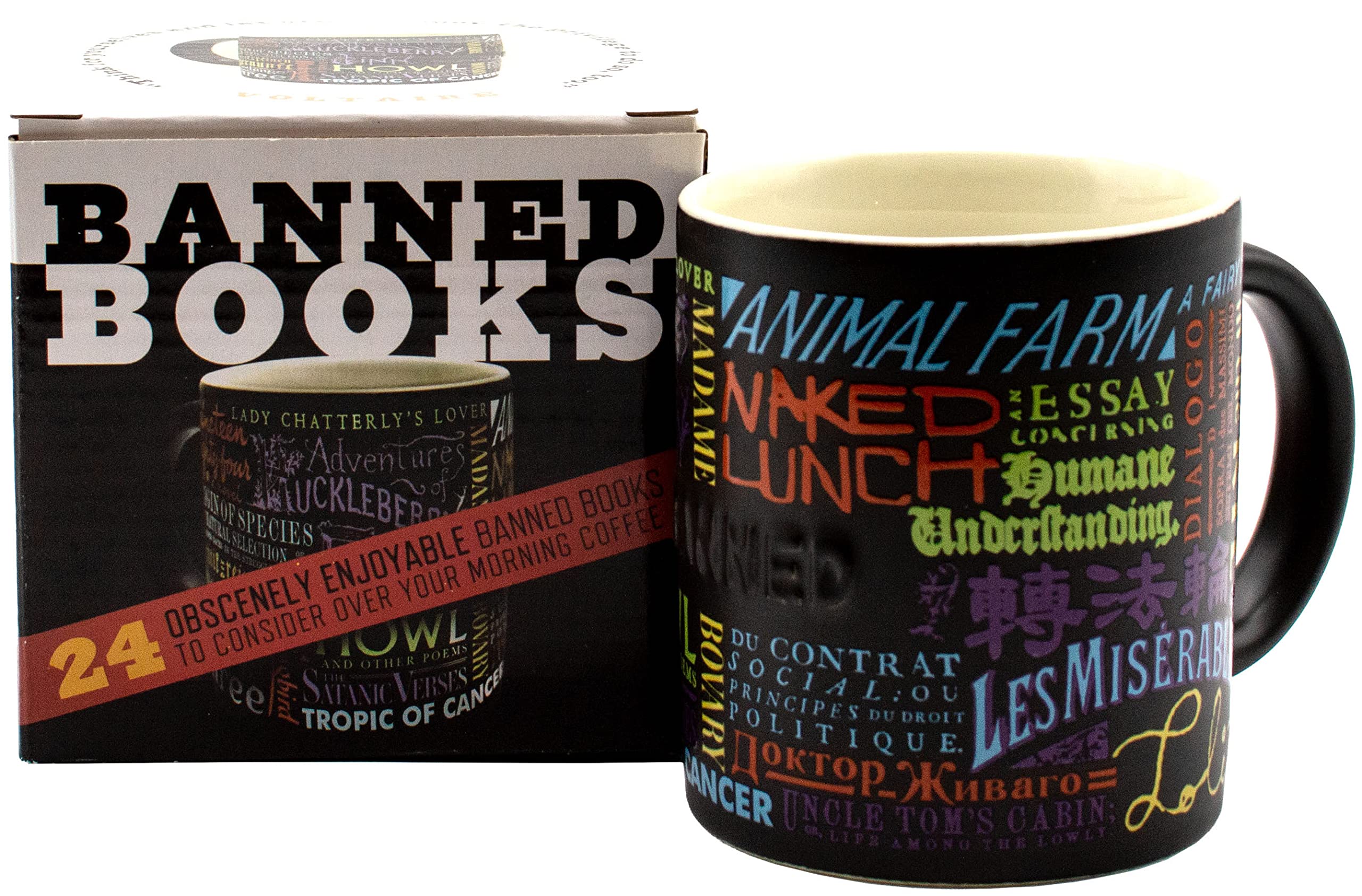 The Unemployed Philosophers Guild Banned Book Coffee Mug - Colorfully Lists 24 Famously Banned Books, Comes in a Fun Gift Box, 12 oz