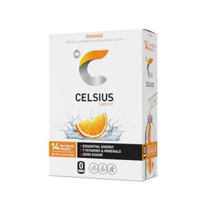 celsius on-the-go powder stick zero sugar, orange, 2.6 oz (14 sticks per pack)