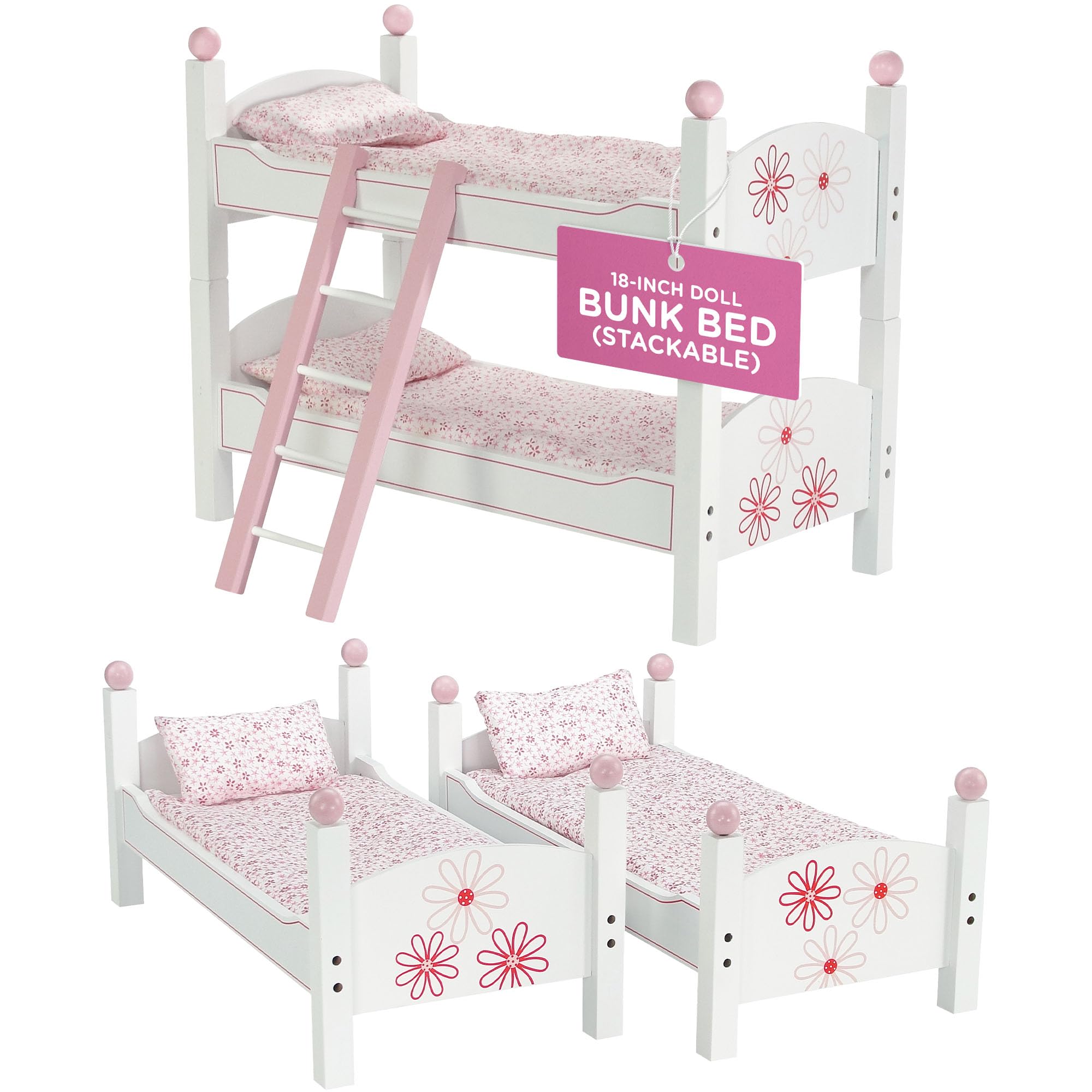 Emily Rose Doll Bunk Bed, 18 Inch Doll Furniture Mini Baby Doll Stackable Bed, Wooden Doll Accessories Bunkbed Furniture Set, 18" Doll Bedding Toy Playsets - Compatible with 18" American Girl Dolls