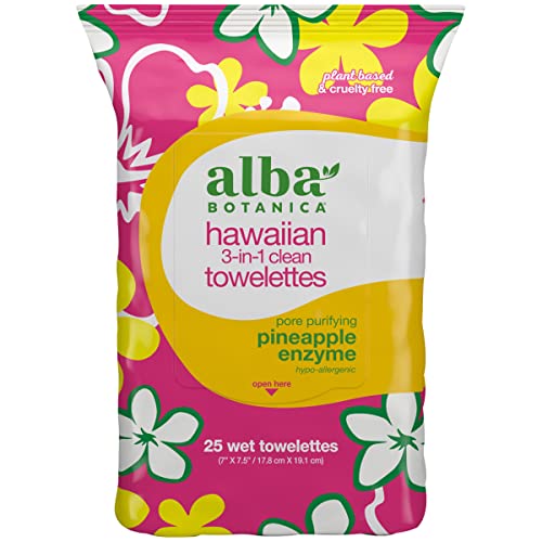 Alba Botanica Hawaiian 3 In 1 Clean Towelettes Deep Pore Purifying Enzyme, Pineapple, 25 Count (Packaging May Vary)