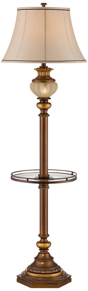 kathy ireland Hyde Park Rustic Vintage Floor Lamp with Nightlight Glass Tray 65" Tall Bronze Gold Metal Pearl White Frosted Glass Fabric Bell Shade for Living Room Reading House Bedroom Home