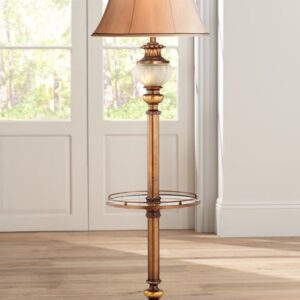 kathy ireland Hyde Park Rustic Vintage Floor Lamp with Nightlight Glass Tray 65" Tall Bronze Gold Metal Pearl White Frosted Glass Fabric Bell Shade for Living Room Reading House Bedroom Home