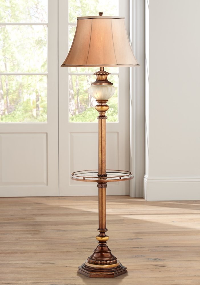 kathy ireland Hyde Park Rustic Vintage Floor Lamp with Nightlight Glass Tray 65" Tall Bronze Gold Metal Pearl White Frosted Glass Fabric Bell Shade for Living Room Reading House Bedroom Home