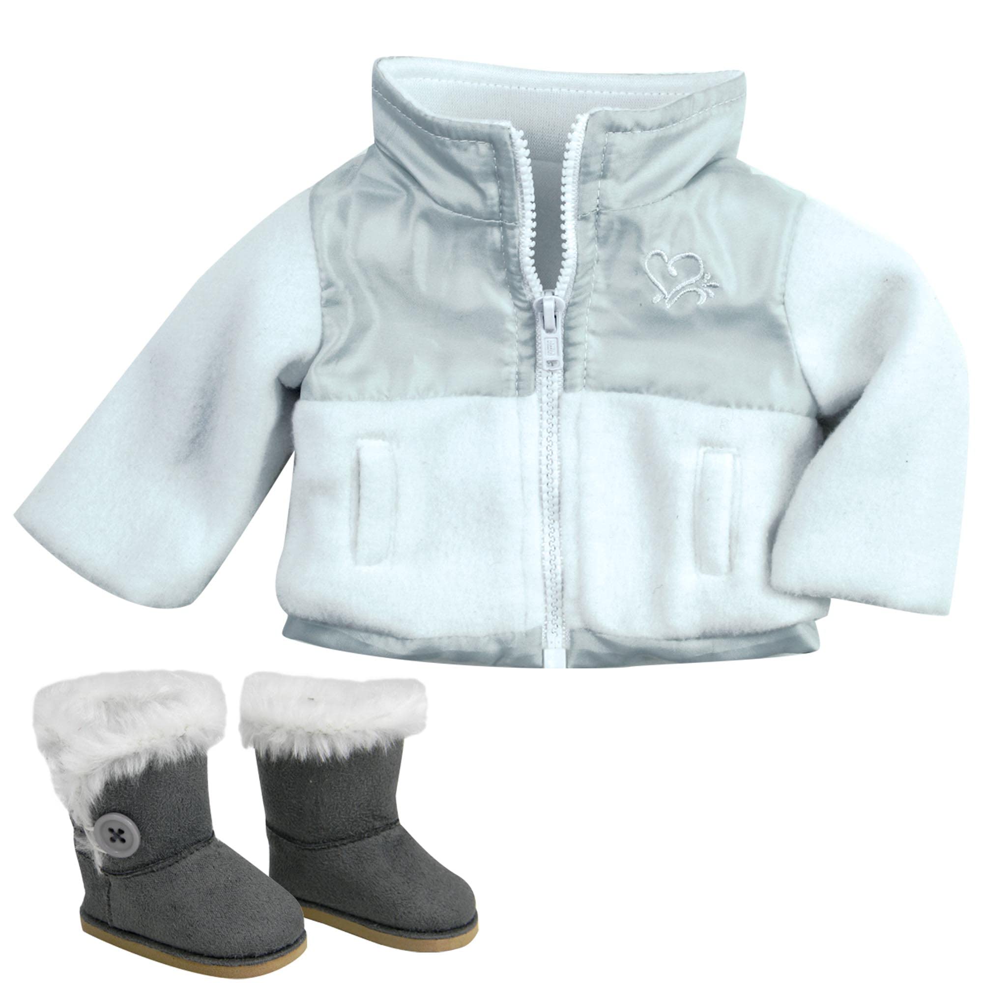 Sophia's 18" Doll White Fleece Zip Jacket and Faux Suede Gray Boots with Faux Fur Lining