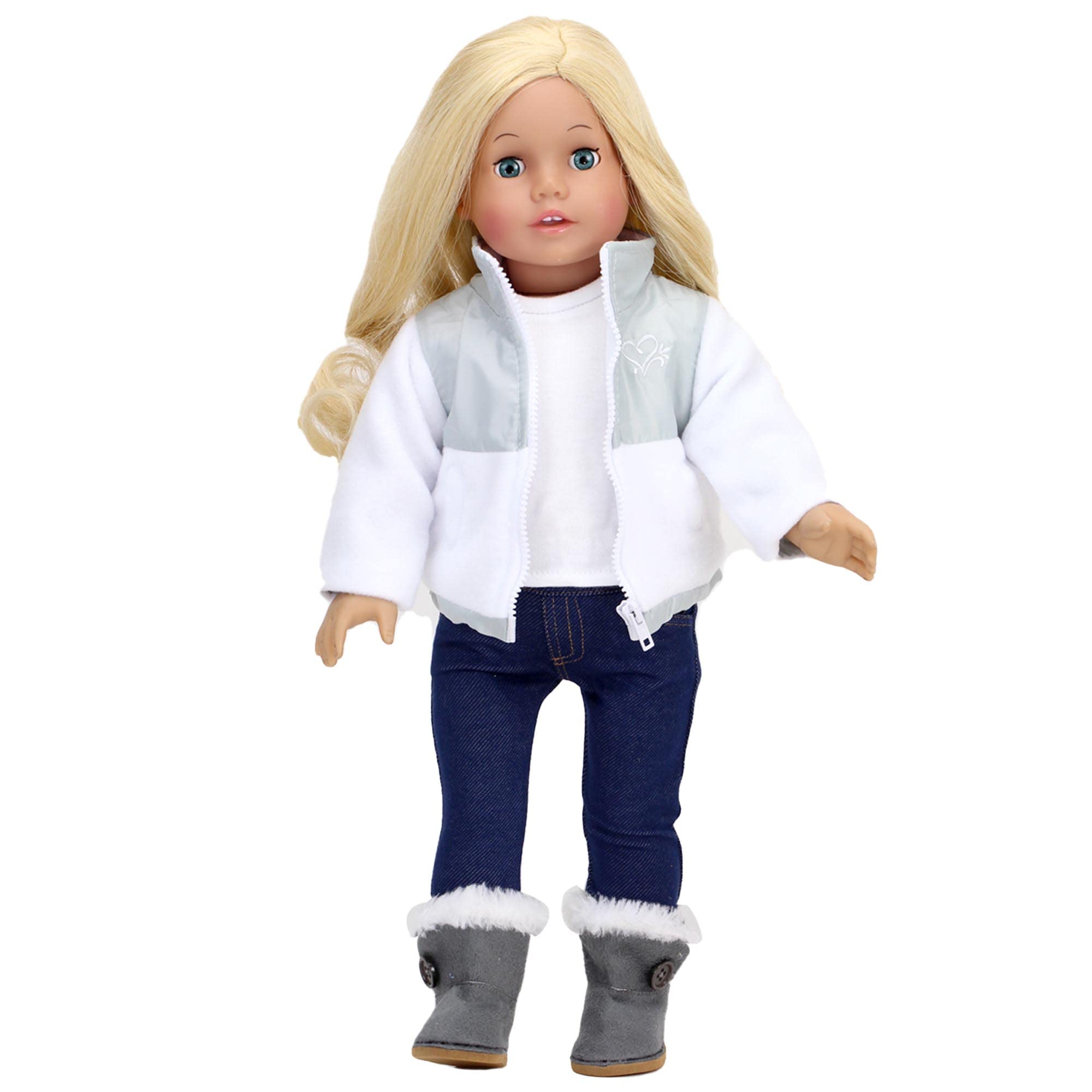 Sophia's 18" Doll White Fleece Zip Jacket and Faux Suede Gray Boots with Faux Fur Lining