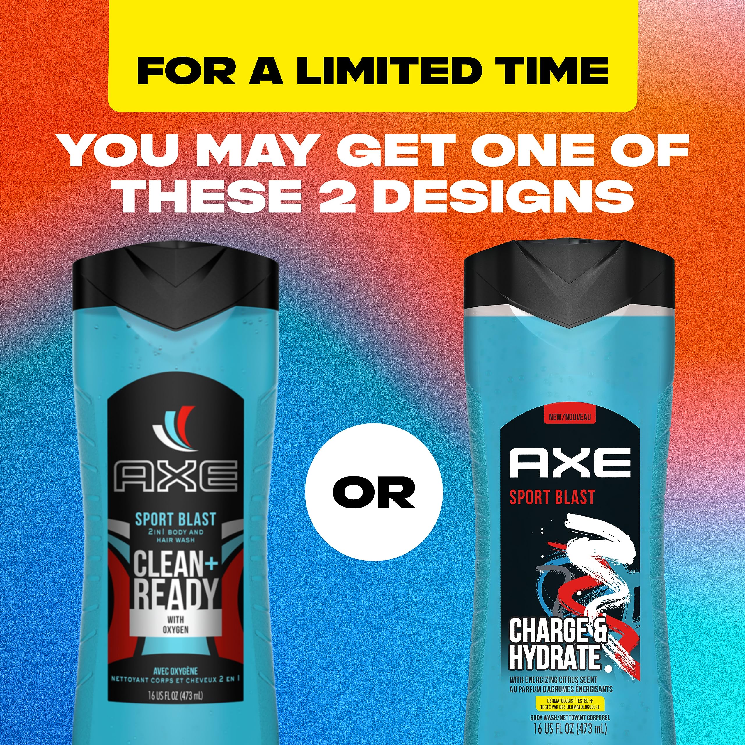 AXE Body Wash Charge and Hydrate Sports Blast Energizing Citrus Scent Men's Body Wash 100 percent Recycled Bottle 16 oz