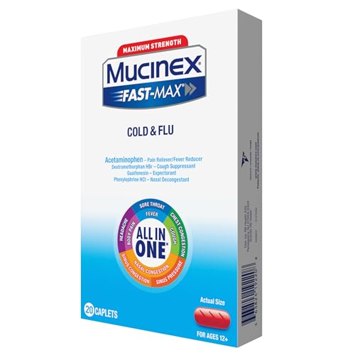 Mucinex Fast-Max Max Strength Cold and Flu Medicine for Adults, Daytime Cold Medicine, Over-the-Counter Medication With Acetaminophen, Dextromethorphan HBr, Guaifenesin, Phenylephrine HCl, 20 Caplets