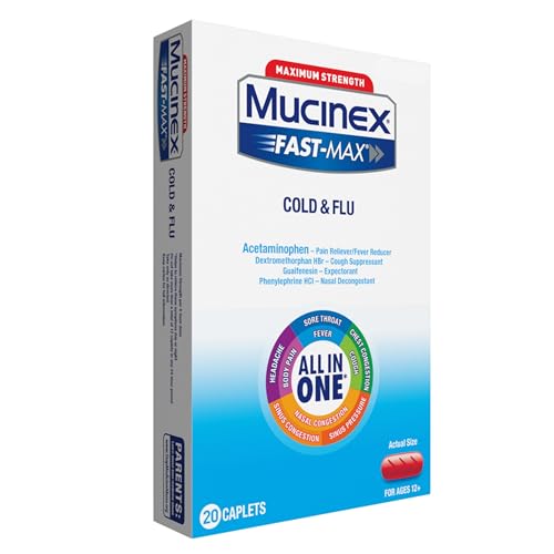 Mucinex Fast-Max Max Strength Cold and Flu Medicine for Adults, Daytime Cold Medicine, Over-the-Counter Medication With Acetaminophen, Dextromethorphan HBr, Guaifenesin, Phenylephrine HCl, 20 Caplets