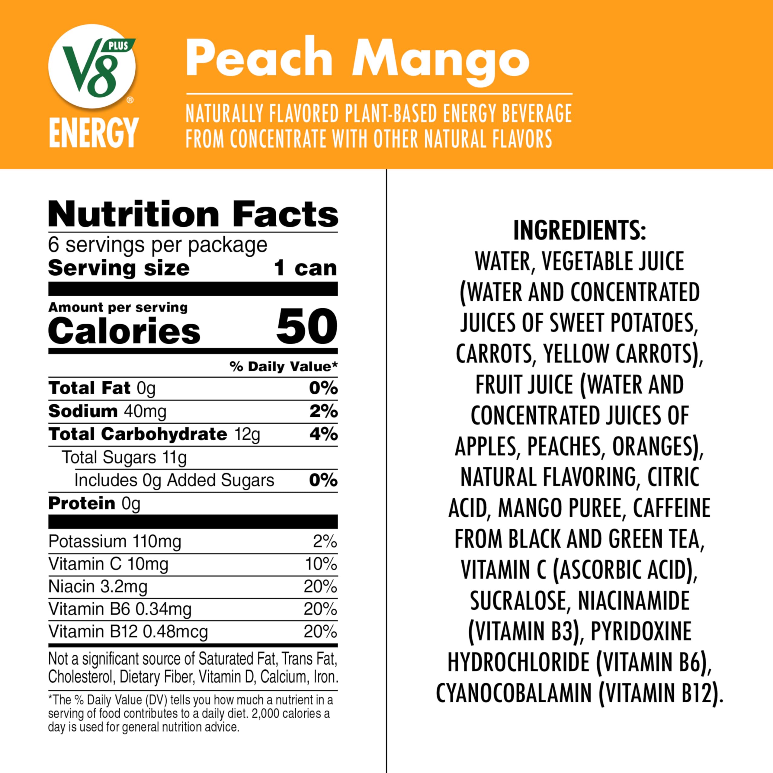 V8 +ENERGY Peach Mango Energy Drink Made with Real Vegetable and Fruit Juices, 8 FL OZ Can (4 Packs of 6 Cans)