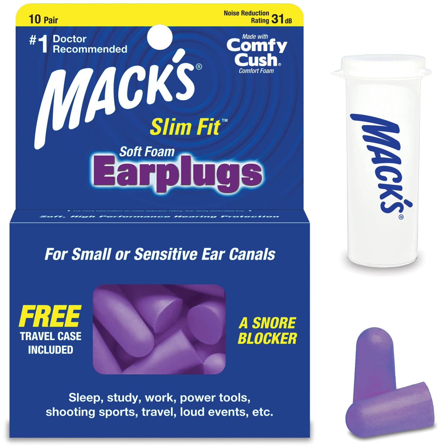 Mack's Slim Fit Soft Foam Earplugs, 10 Pair - Small Ear Plugs for Sleeping, Snoring, Traveling, Concerts, Shooting Sports & Power Tools | Made in USA