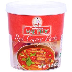 mae ploy red curry paste, authentic thai red curry paste for thai curries and other dishes, aromatic blend of herbs, spices and shrimp paste, no msg, preservatives or artificial coloring (14oz tub)