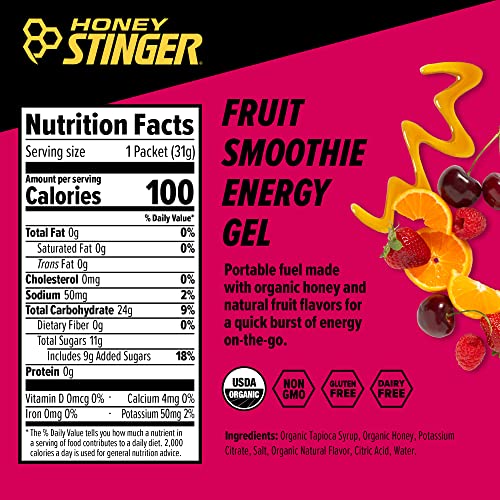 Honey Stinger Organic Fruit Smoothie Energy Gel | Gluten Free & Caffeine Free | For Exercise, Running and Performance | Sports Nutrition for Home & Gym, Pre and Mid Workout | 24 Pack, 26.4 Ounce