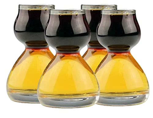 QUAFFER Double Bubble Layered Shot Glass Plus Recipe Card – Chaser Shot Glass Jigger for Smooth Shots – Fun Unique Split Shot Glasses Barware (1.25oz Top & 2.25oz Bottom, Set of 4)