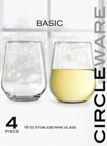 Circleware Basic Stemless White-Red Wine Drinking Glasses, Set of 4, 16 ounce, Limited Edition Glassware