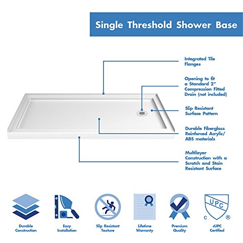 DreamLine SlimLine 30 in. D x 60 in. W x 2 3/4 in. H Right Drain Single Threshold Shower Base in White, DLT-1130602