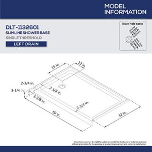 DreamLine SlimLine 32 in. D x 60 in. W x 2 3/4 in. H Left Drain Single Threshold Shower Base in White, DLT-1132601