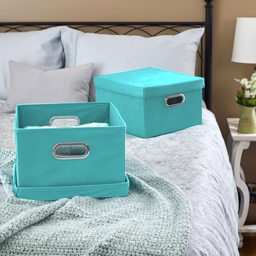 Household Essentials Fabric Storage Boxes with Lids and Handles, Aqua