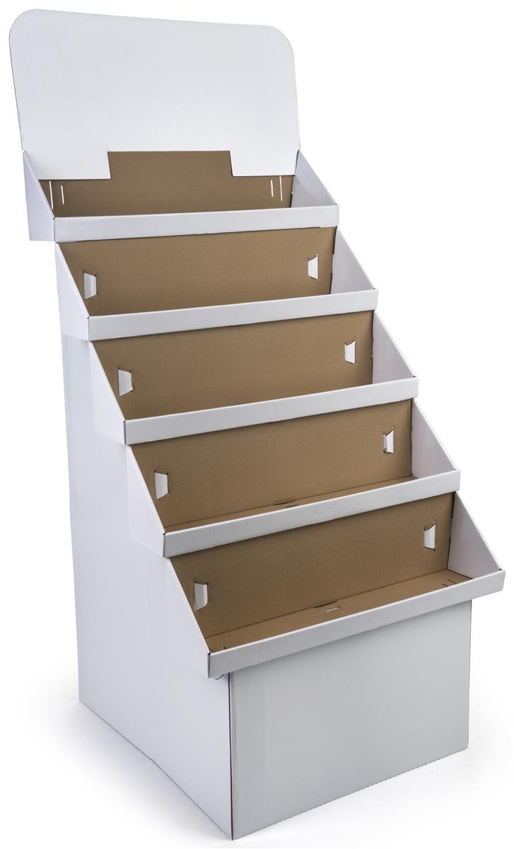 Free-Standing Display Rack, White Corrugated Cardboard Construction with 5 Bins - Sold in Sets of 2