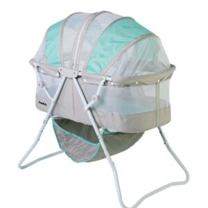 Karley Bassinet in Blue & Grey, Lightweight Portable Baby Bassinet, Quick Fold and Easy to Carry , Adjustable Double Canopy, Indoor and Outdoor Bassinet with Large Storage Basket.