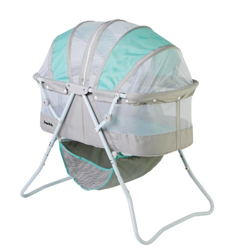 Karley Bassinet in Blue & Grey, Lightweight Portable Baby Bassinet, Quick Fold and Easy to Carry , Adjustable Double Canopy, Indoor and Outdoor Bassinet with Large Storage Basket.