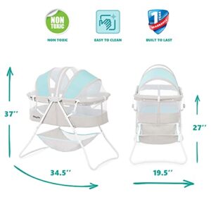 Karley Bassinet in Blue & Grey, Lightweight Portable Baby Bassinet, Quick Fold and Easy to Carry , Adjustable Double Canopy, Indoor and Outdoor Bassinet with Large Storage Basket.