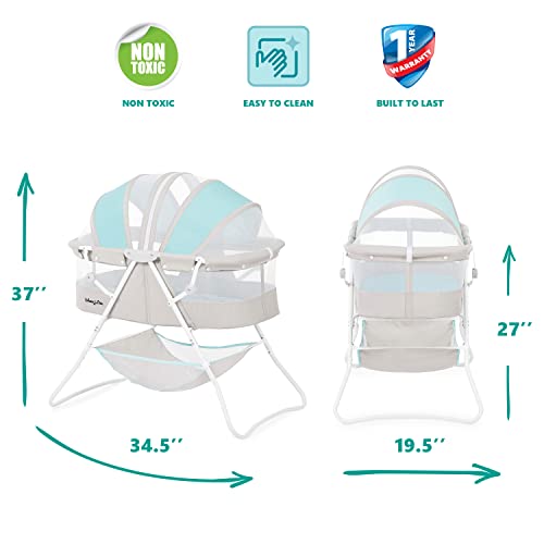 Karley Bassinet in Blue & Grey, Lightweight Portable Baby Bassinet, Quick Fold and Easy to Carry , Adjustable Double Canopy, Indoor and Outdoor Bassinet with Large Storage Basket.