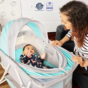 Karley Bassinet in Blue & Grey, Lightweight Portable Baby Bassinet, Quick Fold and Easy to Carry , Adjustable Double Canopy, Indoor and Outdoor Bassinet with Large Storage Basket.