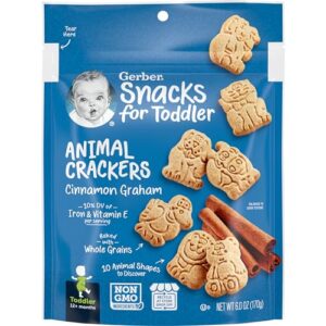 gerber snacks for toddler animal crackers, cinnamon graham, 6 ounce pouch (pack of 4)