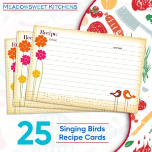 Meadowsweet Kitchens Recipe Card Set - 25 Double Sided Recipe Cards 4 x 6 Inch, Perfect Size Blank Cards for a Recipe Card Box, Make Your Own Personalized Recipe Book - Singing Birds