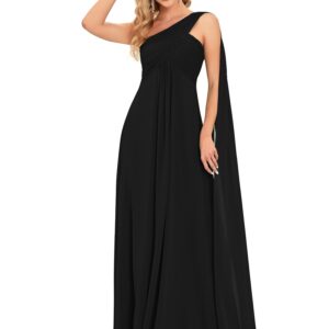 Ever-Pretty Women's Chiffon Bridesmaid Dress One-Shoulder Ruched Bust Long Flowy Formal Dresses Black US16