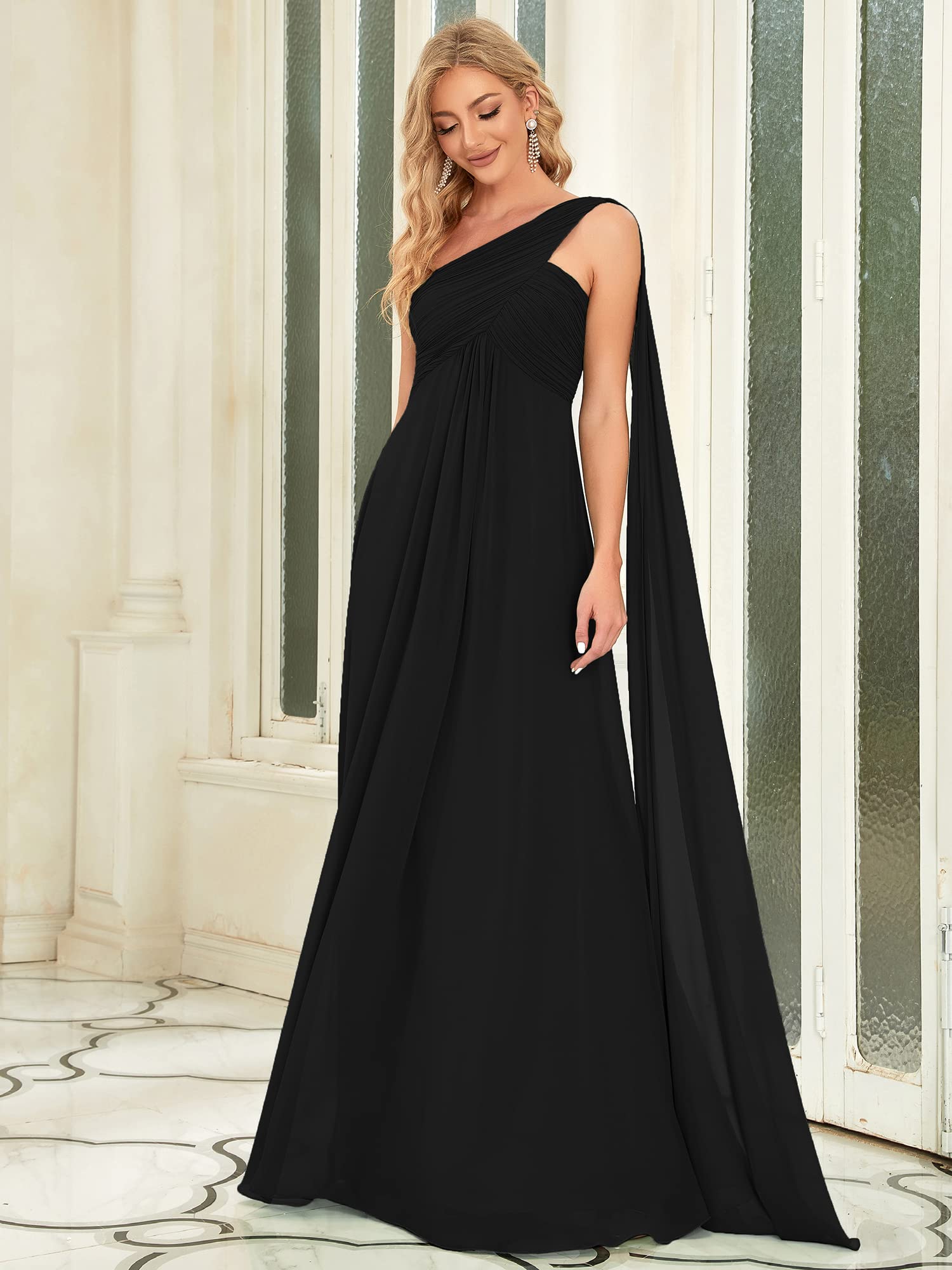 Ever-Pretty Women's Chiffon Bridesmaid Dress One-Shoulder Ruched Bust Long Flowy Formal Dresses Black US16