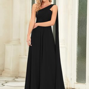 Ever-Pretty Women's Chiffon Bridesmaid Dress One-Shoulder Ruched Bust Long Flowy Formal Dresses Black US16