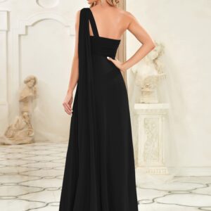 Ever-Pretty Women's Chiffon Bridesmaid Dress One-Shoulder Ruched Bust Long Flowy Formal Dresses Black US16