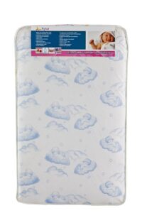 star-burst 3' spring coil portable crib mattressiwaterproofigreen guard gold certifiedi10 years manufacture warrantyidual-sided mattressi vinyl coverimade in the u.s.aimini crib mattress, crib, white/ blue