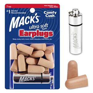 mack’s ultra soft foam earplugs, 7 pair + case – 33 db highest nrr, comfortable ear plugs for sleeping, snoring, travel, concerts, studying and noise