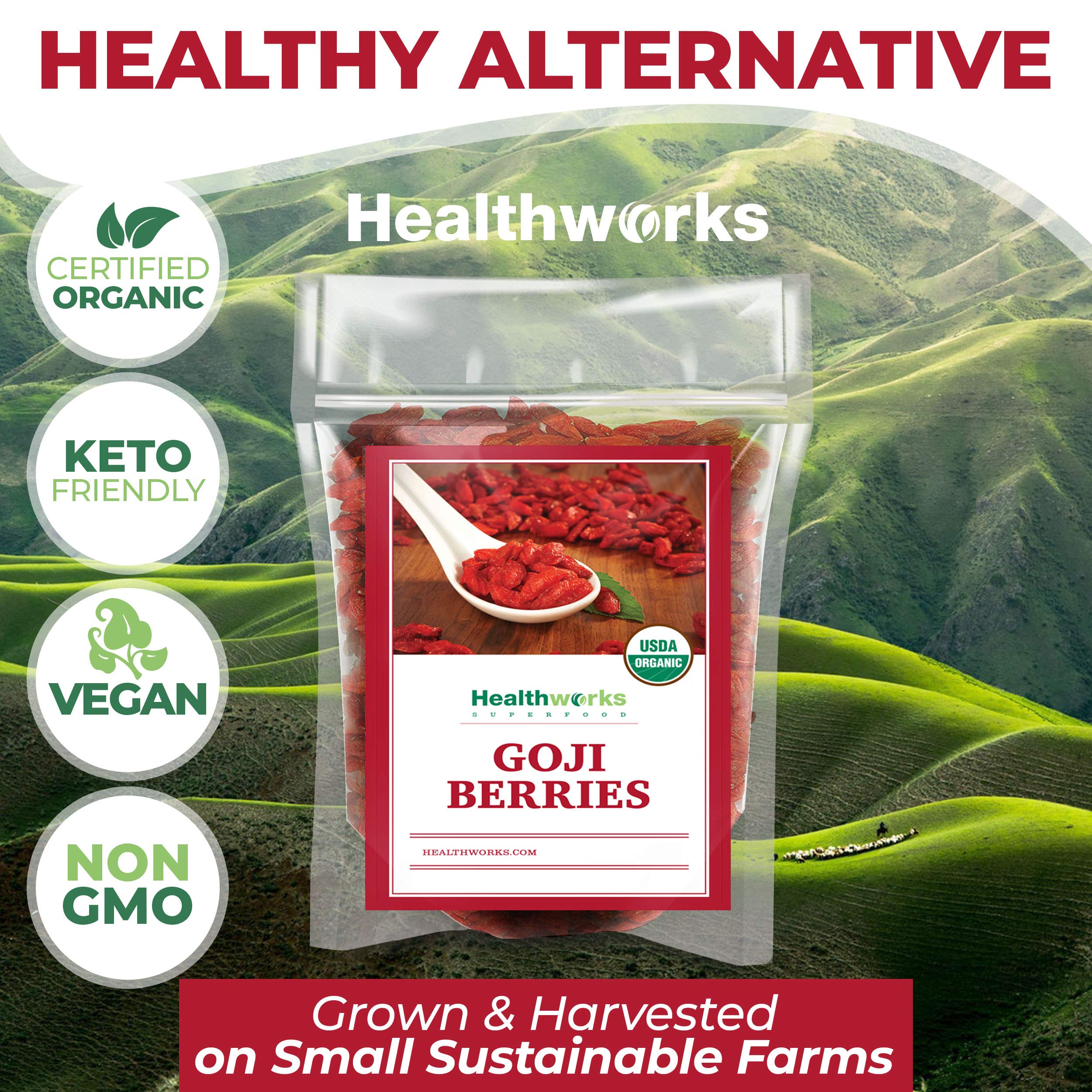 Healthworks Raw Goji Berries (32 Ounces / 2 Pound) | Certified Organic & Sun-Dried | Keto, Vegan & Non-GMO | Baking, Teas & Smoothies | Antioxidant Superfood